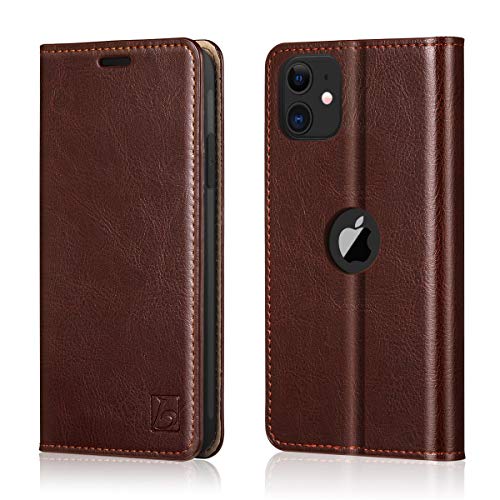 Belemay iPhone 11 Wallet Case, iPhone 11 Case, [Genuine Cowhide Leather Case] Slim Fit Folio Book Flip Cover Card Holder Slots, Kickstand Function, Cash Pockets Compatible iPhone 11 (6.1-inch), Brown