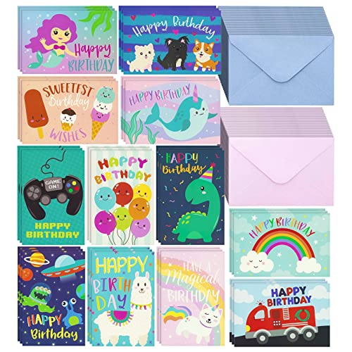 Pipilo Press 36 Pack Kids Birthday Cards Assortment with Pastel Colored Envelopes, 12 Designs, Dinosaur, Mermaid, Narwhal (4x6 In)