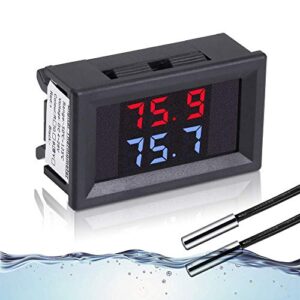 is icstation digital thermometer, car auto temperature gauge sensor, dc 4-28v fahrenheit dual display, monitor with 2 ntc waterproof probes for aquarium vehicle fish tank