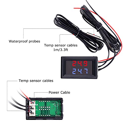 IS Icstation Digital Thermometer, Car Auto Temperature Gauge Sensor, DC 4-28V Fahrenheit Dual Display, Monitor with 2 NTC Waterproof Probes for Aquarium Vehicle Fish Tank