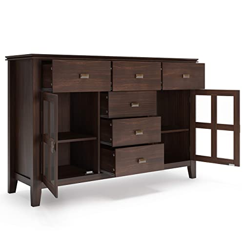 SIMPLIHOME Artisan Solid Pine Wood 54 inch Contemporary Sideboard Buffet Credenza in Dark Chestnut Brown features 2 Doors, 6 Drawers and 2 Cabinets with Large storage spaces