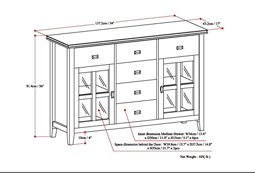 SIMPLIHOME Artisan Solid Pine Wood 54 inch Contemporary Sideboard Buffet Credenza in Dark Chestnut Brown features 2 Doors, 6 Drawers and 2 Cabinets with Large storage spaces