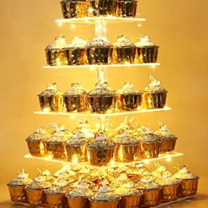 Vdomus 5-Tier Acrylic Cup Cake Stand Display Tower with LED String Lights, Dessert Tree Tower Display Tiered Cupcake Stand Holder Platter for Birthday Wedding Party Celebration, Warm