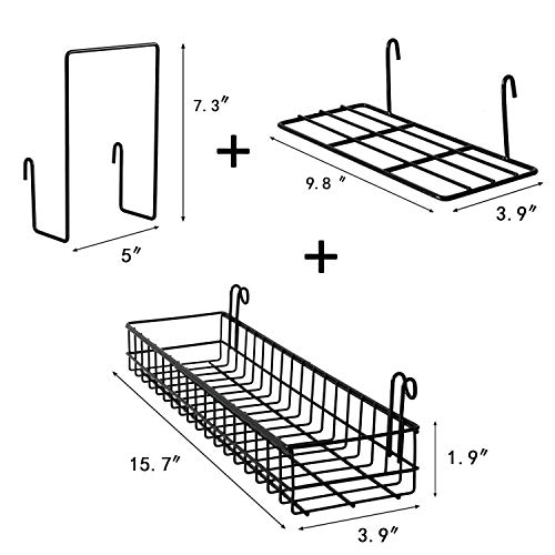 FRIADE Wall Grid Panel Hanging Basket with Hooks,Bookshelf,Display Shelf,Wall Organizer and Metal Shelving for Home Supplies,1 Set of 3 (Black)