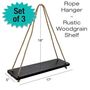 EXCELLO GLOBAL PRODUCTS Rustic Distressed Wood Hanging Shelves: 17-Inch with Swing Rope Floating Shelves (Black - Pack of 3)