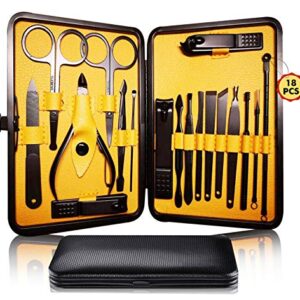 Manicure Pedicure Kit Nail Clippers Set 18 in 1 High Precision Stainless Steel Cutter File Sharp Scissors for Men & Women Fingernails & Toenails Vibrissac Scissors with Stylish Case (Yellow_18in1)