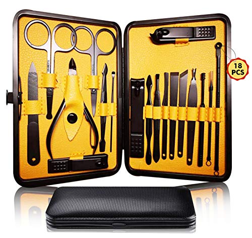 Manicure Pedicure Kit Nail Clippers Set 18 in 1 High Precision Stainless Steel Cutter File Sharp Scissors for Men & Women Fingernails & Toenails Vibrissac Scissors with Stylish Case (Yellow_18in1)