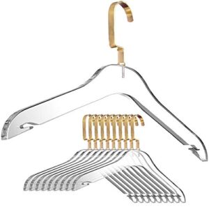 clear acrylic clothes hangers - 10 pack stylish and heavy duty closet organizer with gold chrome plated steel hooks - non-slip notches for suit jacket, sweater, blouse, and dress - by designstyles