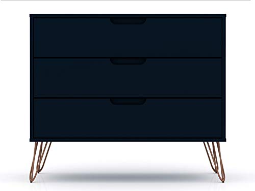 Manhattan Comfort Rockefeller Mid-Century Modern 3 Drawer Bedroom Dresser, 17.52" L x 35.24" W x 30.82", Midnight Blue