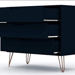 Manhattan Comfort Rockefeller Mid-Century Modern 3 Drawer Bedroom Dresser, 17.52" L x 35.24" W x 30.82", Midnight Blue