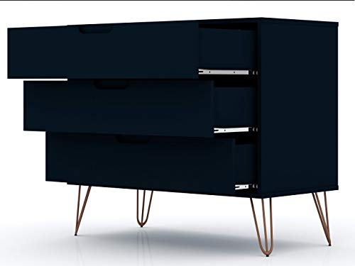 Manhattan Comfort Rockefeller Mid-Century Modern 3 Drawer Bedroom Dresser, 17.52" L x 35.24" W x 30.82", Midnight Blue