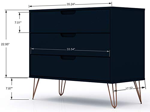 Manhattan Comfort Rockefeller Mid-Century Modern 3 Drawer Bedroom Dresser, 17.52" L x 35.24" W x 30.82", Midnight Blue