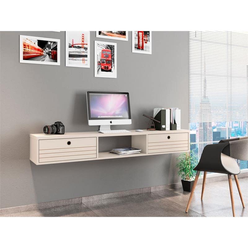 Manhattan Comfort Liberty Modern Home Office Three Shelves Wall Mounted Desk, 62.99", Off White