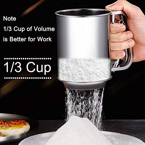 Snowyee Flour Sifter, for Baking Stainless Steel 3 Cup Double Layers Sieve with Hand Press Design (1 Piece)