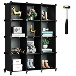 greenstell closet organizer, 12-cube storage organizer with rubber mallet, portable closet storage shelves, clothing storage for kids, closet, bedroom, bathroom, office (11.8x11.8x11.8 inch), black