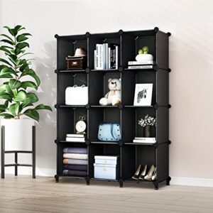 GREENSTELL Closet Organizer, 12-Cube Storage Organizer with Rubber Mallet, Portable Closet Storage Shelves, Clothing Storage for Kids, Closet, Bedroom, Bathroom, Office (11.8x11.8x11.8 inch), Black