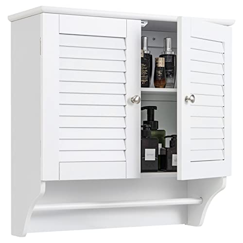 Tangkula Bathroom Medicine Cabinet, Wall Mounted Double Louvered Doors Storage Cabinet with Height Adjustable Shelf and Bar, Hanging Storage Bathroom Cabinet Organizer, White