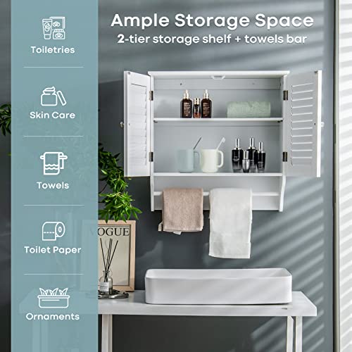 Tangkula Bathroom Medicine Cabinet, Wall Mounted Double Louvered Doors Storage Cabinet with Height Adjustable Shelf and Bar, Hanging Storage Bathroom Cabinet Organizer, White