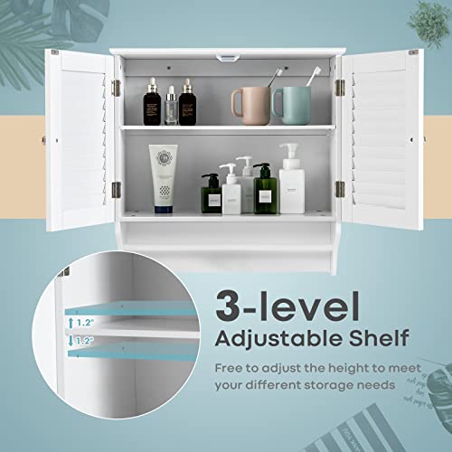 Tangkula Bathroom Medicine Cabinet, Wall Mounted Double Louvered Doors Storage Cabinet with Height Adjustable Shelf and Bar, Hanging Storage Bathroom Cabinet Organizer, White