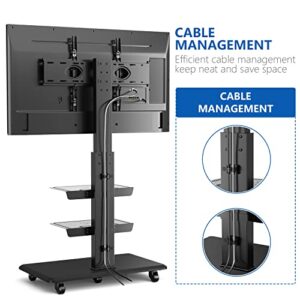 Rfiver Rolling Floor TV Stand with Swivel Mount for 40-75 Inch Flat Screen/Curved TVs, 3-Shelf Heavy Duty Portable Mobile TV Cart with Wheels, Black Universal Tall TV Mount Trolley for Home and Office