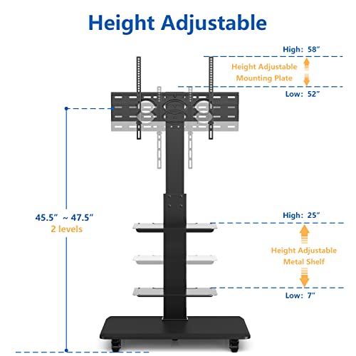 Rfiver Rolling Floor TV Stand with Swivel Mount for 40-75 Inch Flat Screen/Curved TVs, 3-Shelf Heavy Duty Portable Mobile TV Cart with Wheels, Black Universal Tall TV Mount Trolley for Home and Office