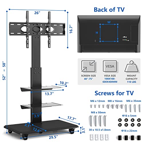 Rfiver Rolling Floor TV Stand with Swivel Mount for 40-75 Inch Flat Screen/Curved TVs, 3-Shelf Heavy Duty Portable Mobile TV Cart with Wheels, Black Universal Tall TV Mount Trolley for Home and Office