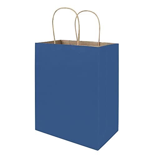 bagmad 50 Pack 8x4.75x10 inch Medium Blue Kraft Paper Bags with Handles Bulk, Gift Bags, Craft Grocery Shopping Retail Party Favors Wedding Bags Sacks (Blue, 50pcs)