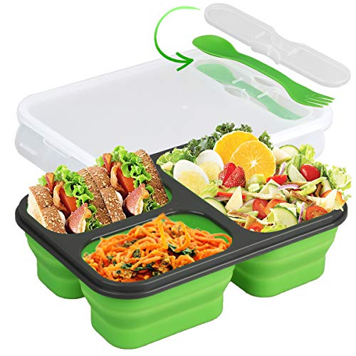 CORESLUX Collapsible Silicone Bento Lunch Box for Adult, 3 Compartment Eco Foldable Lunch Food Container Kit, BPA Free, Safe in Microwave, Dishwasher & Freezer (Green)