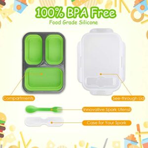 CORESLUX Collapsible Silicone Bento Lunch Box for Adult, 3 Compartment Eco Foldable Lunch Food Container Kit, BPA Free, Safe in Microwave, Dishwasher & Freezer (Green)