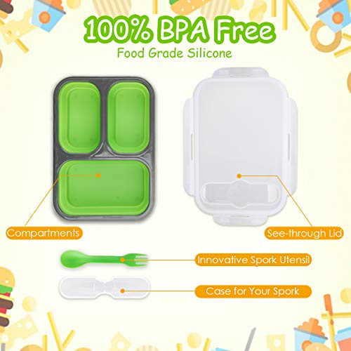 CORESLUX Collapsible Silicone Bento Lunch Box for Adult, 3 Compartment Eco Foldable Lunch Food Container Kit, BPA Free, Safe in Microwave, Dishwasher & Freezer (Green)