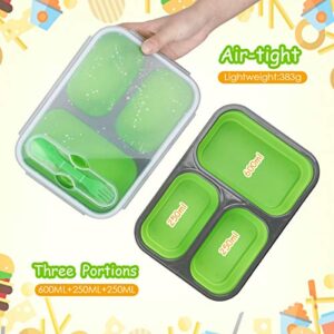 CORESLUX Collapsible Silicone Bento Lunch Box for Adult, 3 Compartment Eco Foldable Lunch Food Container Kit, BPA Free, Safe in Microwave, Dishwasher & Freezer (Green)