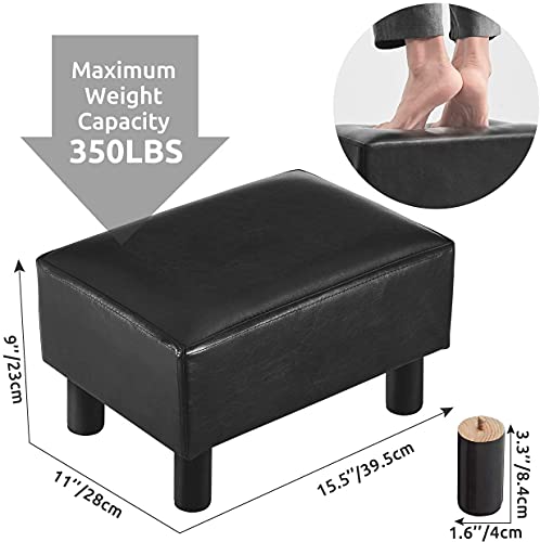 YOUDENOVA 16 inches Footstool Ottoman with 4 Stable Wooden Legs, Small Under Desk Footrest, Black PU Faux Leather Step Stool with Padded Seat for Living Room Bedroom