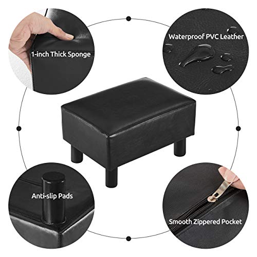 YOUDENOVA 16 inches Footstool Ottoman with 4 Stable Wooden Legs, Small Under Desk Footrest, Black PU Faux Leather Step Stool with Padded Seat for Living Room Bedroom