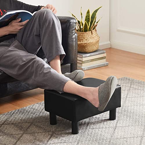 YOUDENOVA 16 inches Footstool Ottoman with 4 Stable Wooden Legs, Small Under Desk Footrest, Black PU Faux Leather Step Stool with Padded Seat for Living Room Bedroom