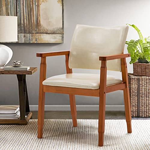 NOB Mid-Century Dining Side Chair with Faux Leather Seat in Beige, handrail Chair