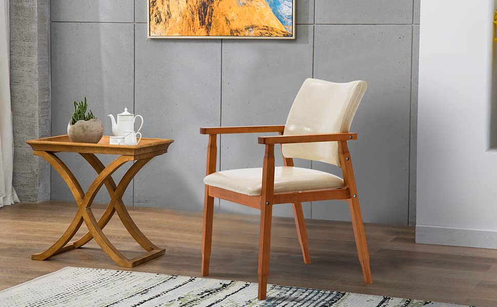 NOB Mid-Century Dining Side Chair with Faux Leather Seat in Beige, handrail Chair