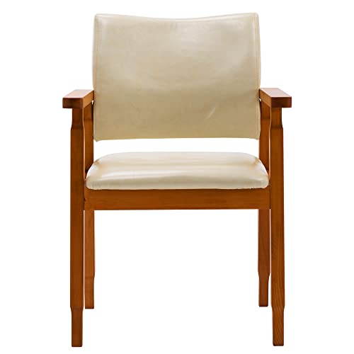 NOB Mid-Century Dining Side Chair with Faux Leather Seat in Beige, handrail Chair