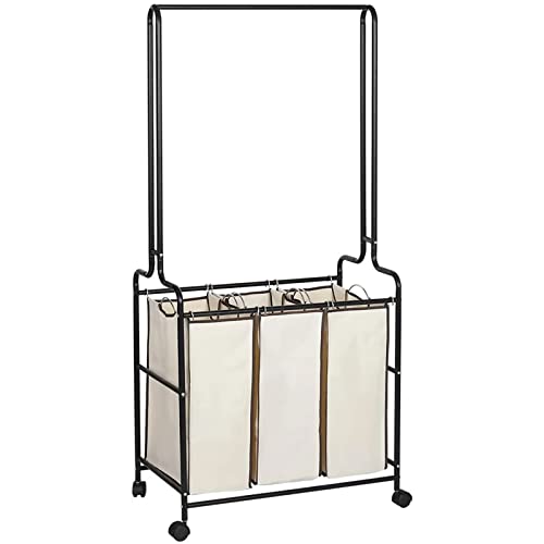 Laundry Sorter Cart 3 Section with Hanging Bar Heavy Duty Laundry Basket on Wheels Rolling Laundry Hamper with Removable Bags