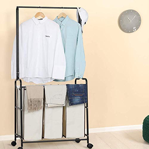 Laundry Sorter Cart 3 Section with Hanging Bar Heavy Duty Laundry Basket on Wheels Rolling Laundry Hamper with Removable Bags