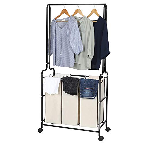 Laundry Sorter Cart 3 Section with Hanging Bar Heavy Duty Laundry Basket on Wheels Rolling Laundry Hamper with Removable Bags