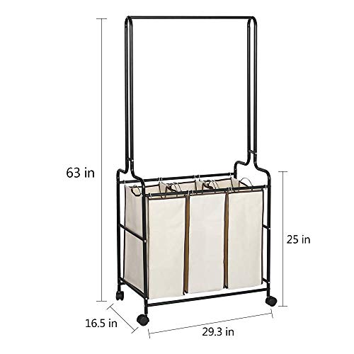 Laundry Sorter Cart 3 Section with Hanging Bar Heavy Duty Laundry Basket on Wheels Rolling Laundry Hamper with Removable Bags