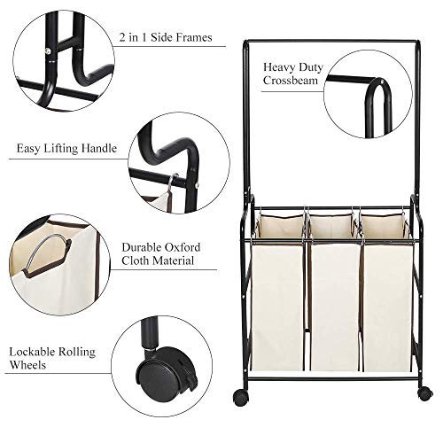 Laundry Sorter Cart 3 Section with Hanging Bar Heavy Duty Laundry Basket on Wheels Rolling Laundry Hamper with Removable Bags