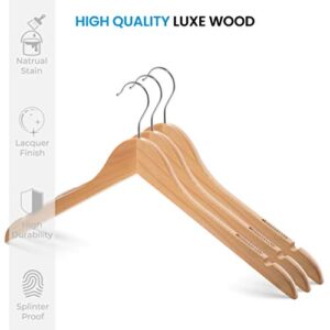 High-Grade Wooden Shirt Hangers with Rubber Grips (20 Pack) Smooth & Durable Wood Hangers with Grips Non Slip - Slim & Sleek Space Saving Hangers with Notches & 360 Hook - Ideal for Camisoles, Rompers