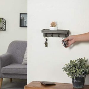 MyGift Wall Mounted Vintage Gray Wood Key Holder Rack and Floating Display Shelf, Entryway Storage Shelf with 4 Metal Key Hooks