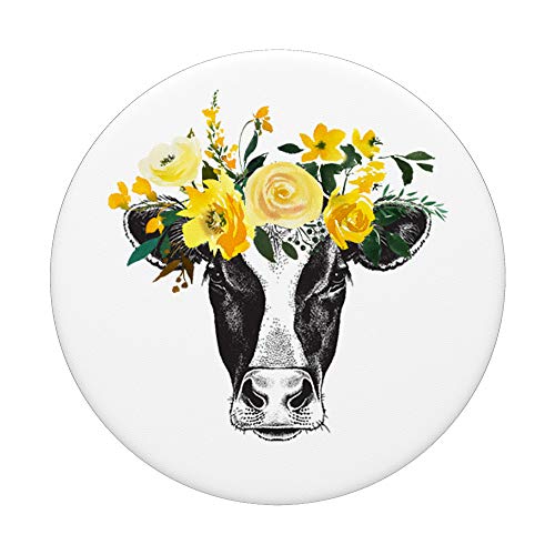 Cute Funny Cow Head Yellow Floral Rose Green Leaf Bouquet PopSockets PopGrip: Swappable Grip for Phones & Tablets