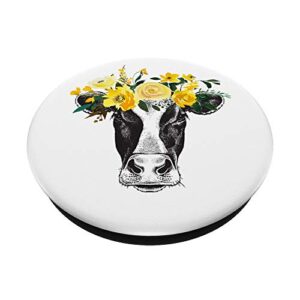 Cute Funny Cow Head Yellow Floral Rose Green Leaf Bouquet PopSockets PopGrip: Swappable Grip for Phones & Tablets