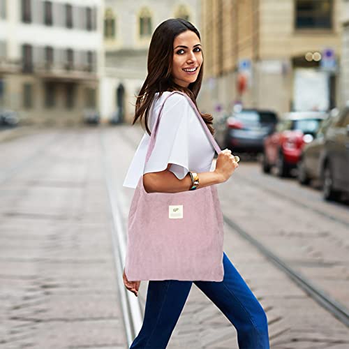 Cloele Corduroy Tote Bag for Women Shoulder Bag with Inner Pocket For Work Beach Lunch Travel And Shopping Grocery (Pink)