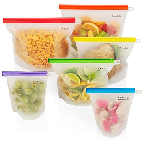 Sunset House Reusable Silicone Food Storage Bags -Clear Rainbow for Snacks Meals Fruits Vegetables Cooking Freezing