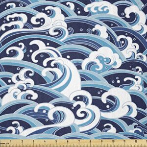 ambesonne japanese wave fabric by the yard, traditional eastern pattern with waves of water foam splashes, stretch knit fabric for clothing sewing and arts crafts, 1 yard, blue navy