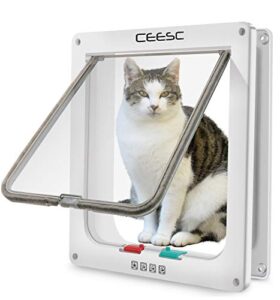 ceesc extra large cat door (outer size 11" x 9.8"), 4 way locking large cat door for interior exterior doors, weatherproof pet door for cats & doggie with circumference < 24.8" (white)